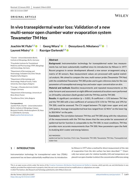 Pdf In Vivo Transepidermal Water Loss Validation Of A New Multi