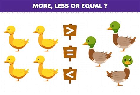 어린이를 위한 교육 게임은 귀여운 만화 오리 인쇄 가능한 농장 워크시트의 양을 더 많거나 같게 계산합니다 프리미엄 벡터