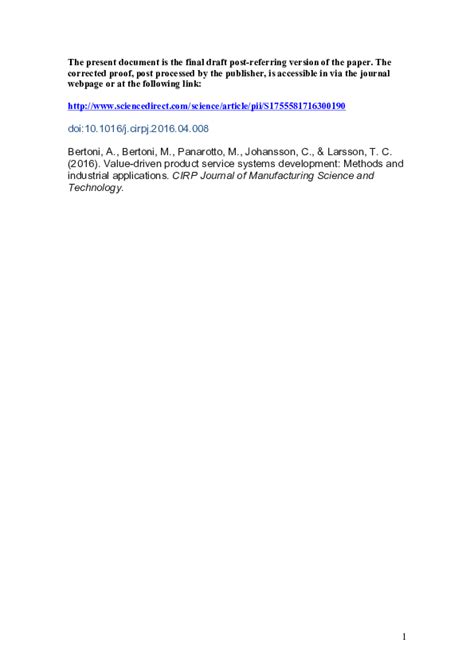 pdf value driven product service systems development methods and