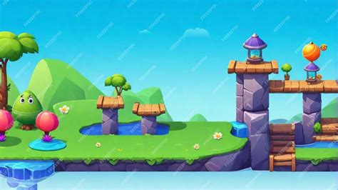 Premium Photo Game Level Background With Platforms And Items
