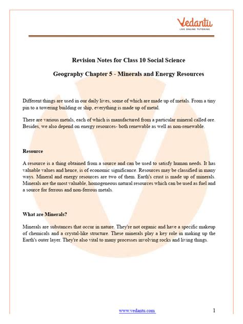 Minerals And Energy Resources Class 10 Geography Chapter 5 Notes Pdf