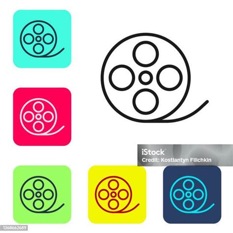 흰색 배경에 격리 된 검은 줄 필름 릴 아이콘 색상 정사각형 단추로 아이콘을 설정합니다 벡터 아이콘에 대한 스톡 벡터 아트 및 기타 이미지 Istock