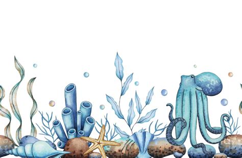 Sea Seamless Border With A Octopus Algae Stones Bubbles Shells