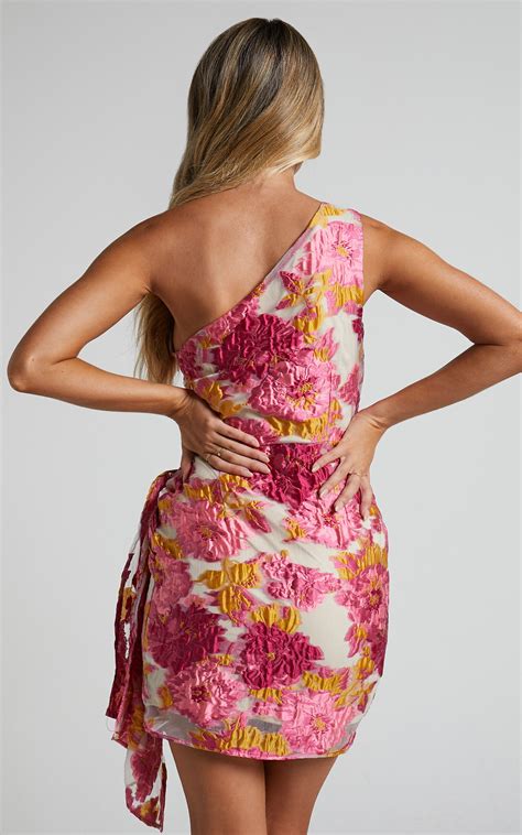 Kailey Mini Dress One Shoulder Wrap Front Dress In Pink And Beige