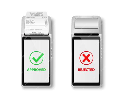 벡터 현실적인 블랙 3d 지불 기계 영수증 Pos 터미널 세트 은행 결제 터미널 이랑 처리 Nfc 결제 장치 평면도의 승인 거부된 결제 디자인 템플릿 프리미엄 벡터