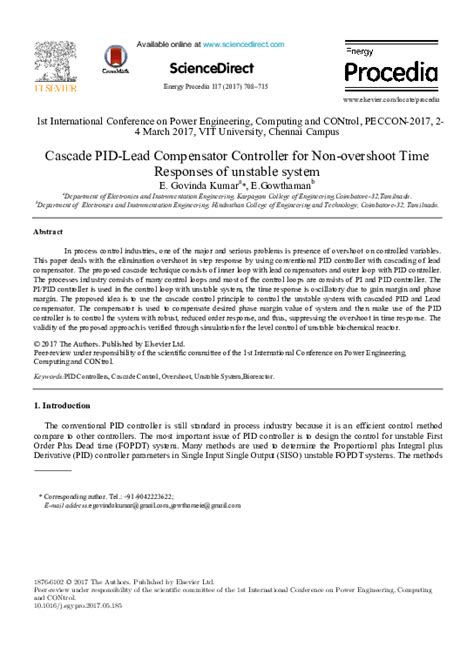 Pdf Cascade Pid Lead Compensator Controller For Non Overshoot Time