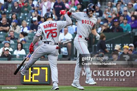 Roman Anthony Of The Boston Red Sox Celebrates With Carlos Narváez