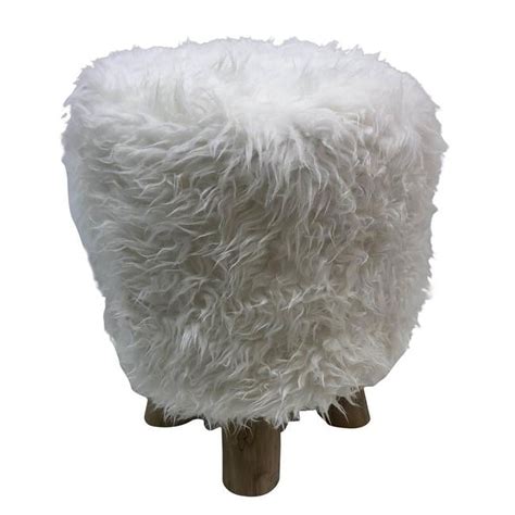 Woolly Faux Pouf Ottoman Stool With Natural Log Feet Off White