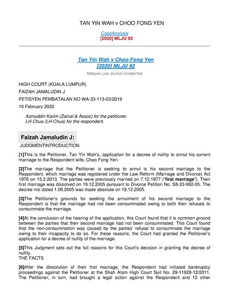 2 Tan Yin Wah V Choo Fong Yen Tan Yin Wah V Choo Fong Yen Caseanalysis [2020] Mlju 92 Tan