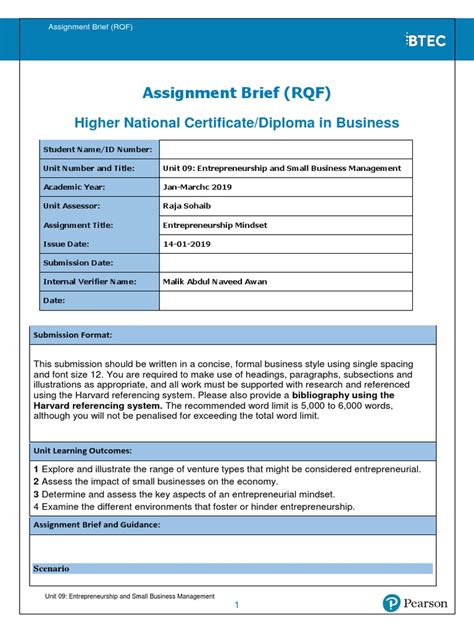 assignment brief unit 9 eandsbm pdf entrepreneurship small business