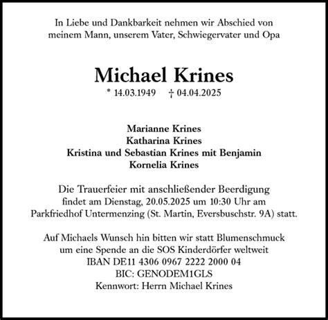 Traueranzeigen Von Michael Krines Sz Gedenkende