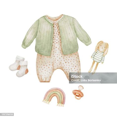 아기 옷과 장난감으로 설정된 수채화 일러스트 구성 흰색 배경에 고립되어 있습니다 손으로 그린 클립 아트 카드 엽서 태그 초대장 인쇄 포장에 적합합니다 0명에 대한 스톡 벡터