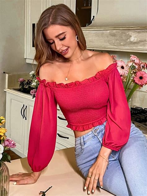 Shein Frenchy Off Shoulder Frill Trim Lantern Sleeve Crop Blouse