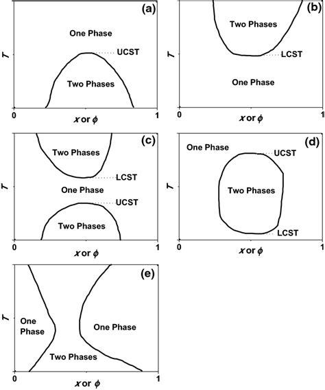schematic representation of five types of phase diagrams of partially