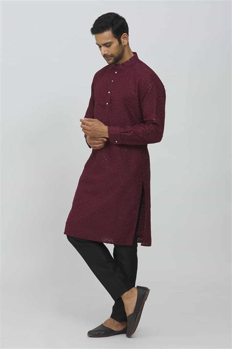 Buy Maroon Slub Silk Embroidered Thread Sequin Kurta And Black Pant Set