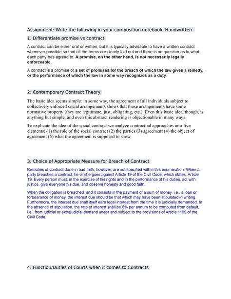 assignments handwritten differentiate promise vs contract a contract