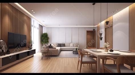 帶電視的現代木質客廳和餐廳的時尚 3d 渲染 豪华公寓 酒店内部 豪华内饰背景圖片和桌布免費下載
