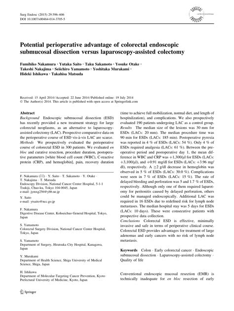 Pdf Potential Perioperative Advantage Of Colorectal Endoscopic Submucosal Dissection Versus