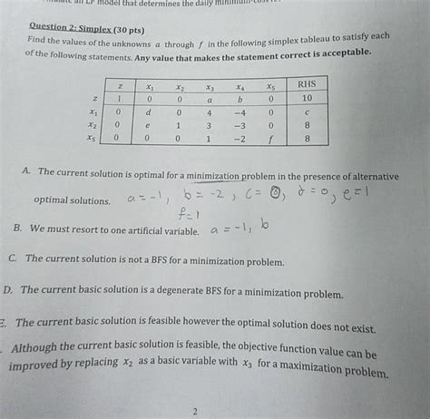 solved question 2 simplex 30 pts find the values of the