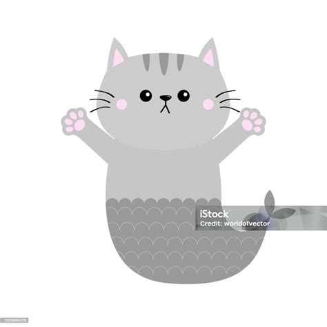 회색 고양이 인어 물고기 꼬리 새끼 고양이 포옹을위한 준비 오픈 핸드 핑크 발 프린트 키티가 포옹을 위해 손을 뻗는다 재미