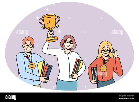 Smiling Motivated Woman Holding Golden Trophy Win First Place Happy