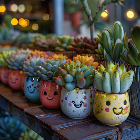 Cute Succulent Plants In Cute Pots With Smiley Face Lined Up Premium