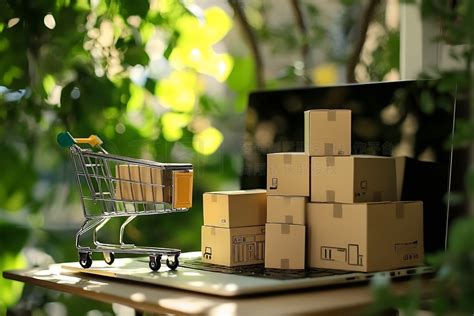 办公环境ai数字艺术 笔记本电脑简约风格绿色植物背景棕色纸箱购物车笔记本电脑场景商业照片 Ai背景免费下载 Jpeg格式 4032像素 编号