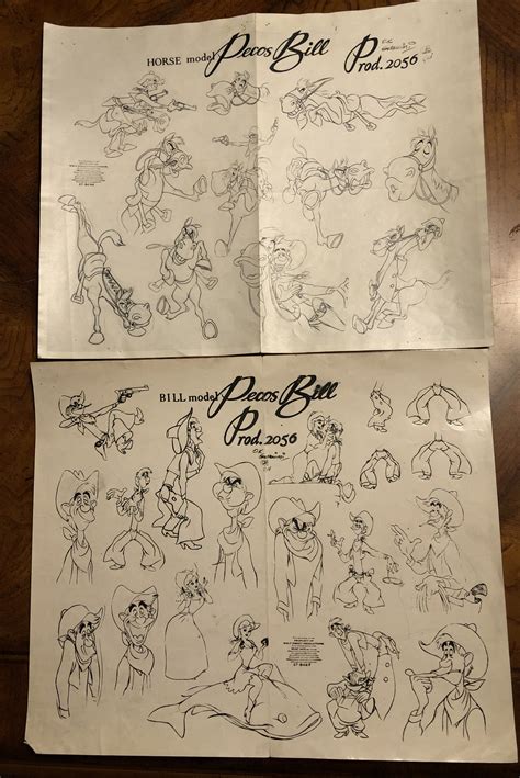 Walt Disney Set Of 2 Pecos Bill Widowmaker Photostat Model Sheet Slue