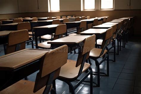 Empty Wooden Row Lecture Chairs In A Classroom With Books And
