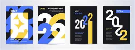 2022 년 새해 복 많이 받으는 포스터 세트의 창조적 인 개념 축하 및 시즌 장식을위한 타이포그래피 로고 2022 디자인 템플릿 미니멀한 트렌디한 배경 잡지 표지에 대한