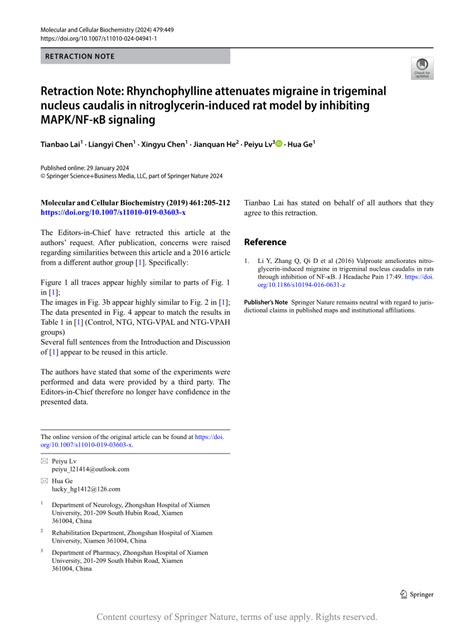 Retraction Note Rhynchophylline Attenuates Migraine In Trigeminal