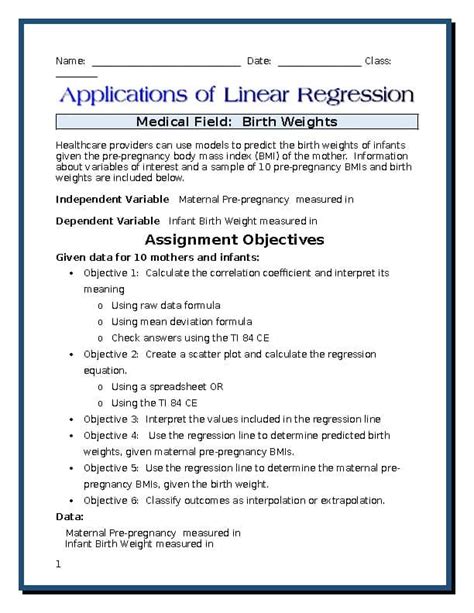 Regression Line Application Pre Pregnancy Bmi And Birth Weight Editable