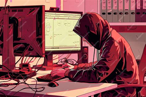 Hacker In Hood Stealing Data From A Computer Monitor Vector
