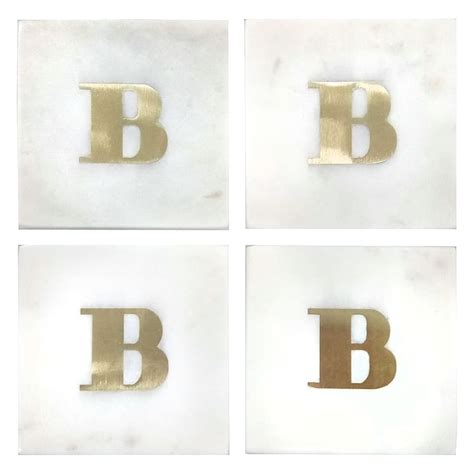 Set Of 4 Marble And Brass Monogram Coasters B
