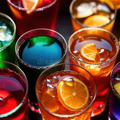 Row Of Assorted Colorful Cold Drinks Summer Party Refreshment At Bar