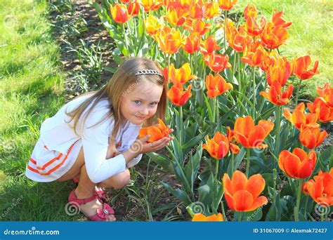 La Niña Huele Tulipanes En El Macizo De Flores Imágenes de archivo