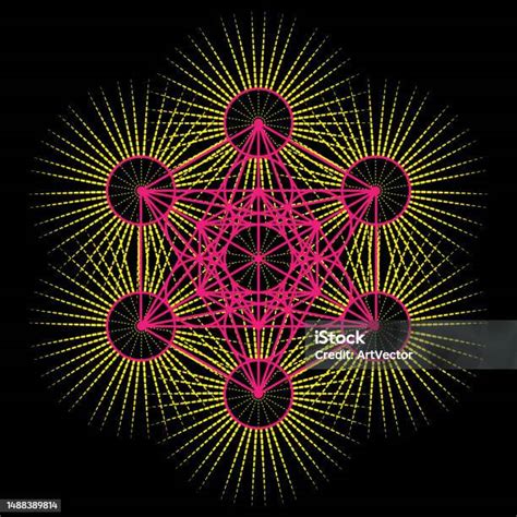 메타트론의 큐브 화려한 생명의 꽃 빛나는 태양에 신성한 기하학 그래픽 요소 벡터 격리된 그림 신비한 아이콘 플라토닉 솔리드 추상적인 기하학적 그림 전형적인 크롭 서클 검은