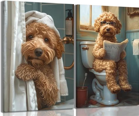Aefer Funny Bathroom Canvas Wall Art Set Of 2 Poodle On Toilet Reading