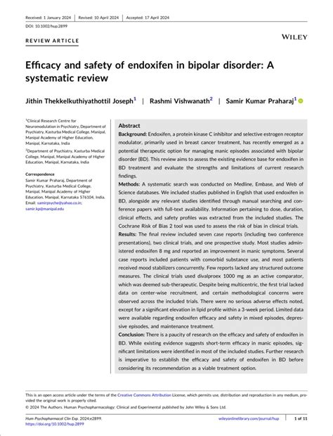 Endoxifen In Bipolar Disprder Jithin T Joseph Posted On The Topic Linkedin