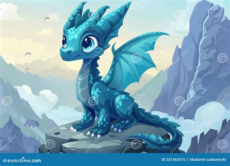 A Cute Little Cartoon Blue Dragon With Horns And Wings Sits On A Rock