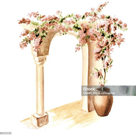 지중해 북아프리카 또는 모로코의 오래된 건축 부겐빌레아의 꽃 흰색 배경에 고립 된 손으로 그린 수채화 그림 0명에 대한 스톡