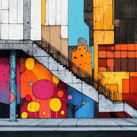 Colorful Urban Mural On A Concrete Building Wall With Vibrant Geometric
