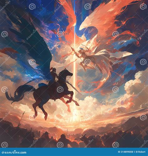 Epic Battle In The Sky Fantasy Artwork Stock Illustration