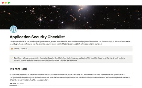 application security checklist notion template