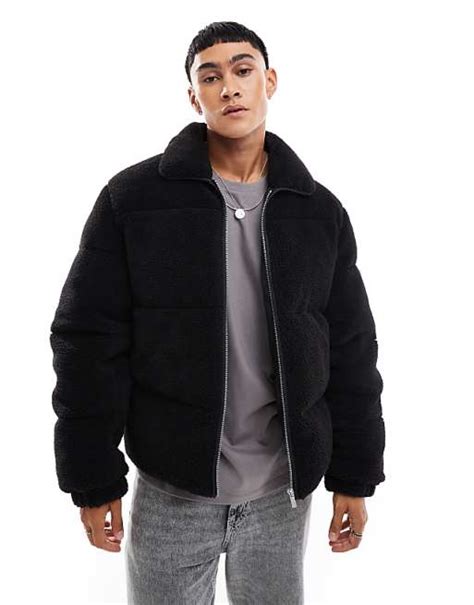 Asos Design Oversized Borg Puffer Jacket In Black Asos