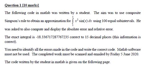Solved Question Marks The Following Code In Matlab Chegg Com