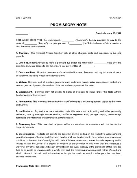 California Secured Promissory Note