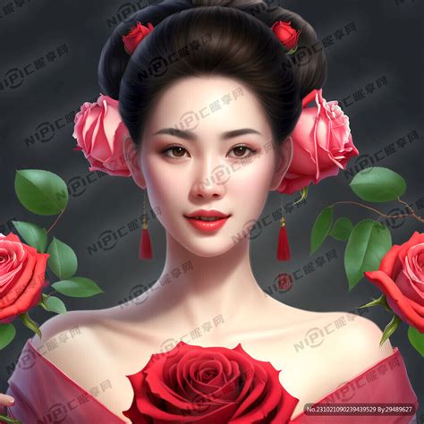 Ai创作图美女手碰玫瑰花 清晰层次分明。 昵图网