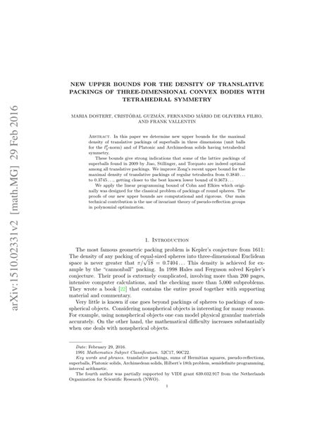 Pdf New Upper Bounds For The Density Of Translative Packings Of Three