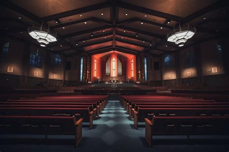 Premium AI Image Arafed View Of A Church With Pews And A Chandelier